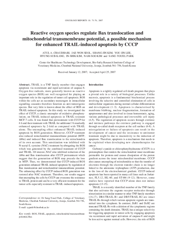 (PDF) Reactive oxygen species regulate bax translocation and ...