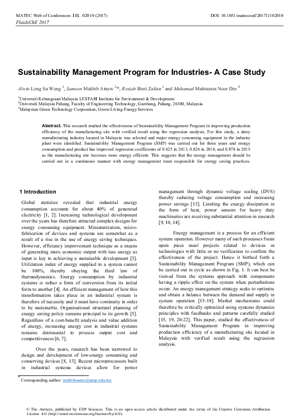 (PDF) SUSTAINABILITY MANAGEMENT PROGRAM FOR INDUSTRIES - A CASE STUDY