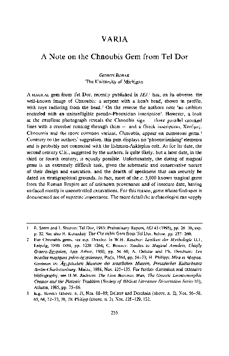 (PDF) Gideon Bohak, “A Note on the Chnoubis Gem from Tel Dor,” Israel ...