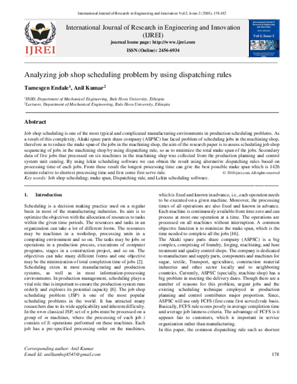 Pdf Analyzing Job Shop Scheduling Problem By Using Dispatching Rules