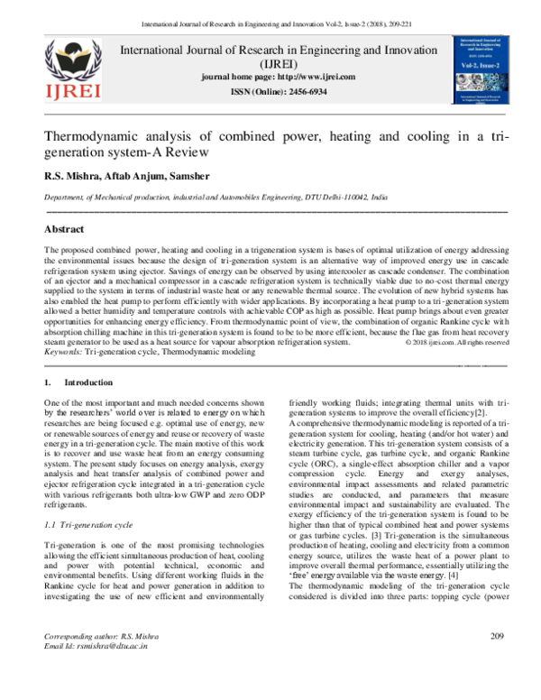 Pdf Thermodynamic Analysis Of Combined Power Heating And Cooling In A Tri Generation System