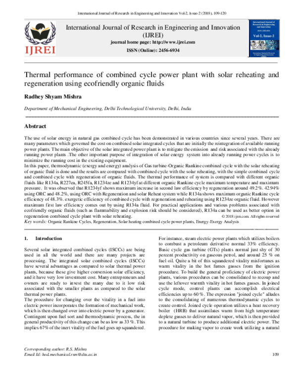 Pdf Thermal Performance Of Combined Cycle Power Plant With Solar Reheating And Regeneration