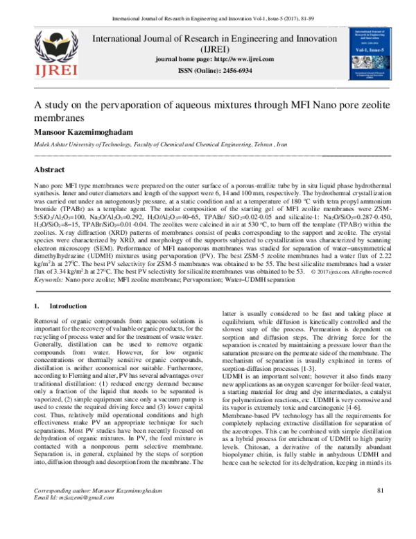 (PDF) A study on the pervaporation of aqueous mixtures through MFI Nano pore zeolite membranes