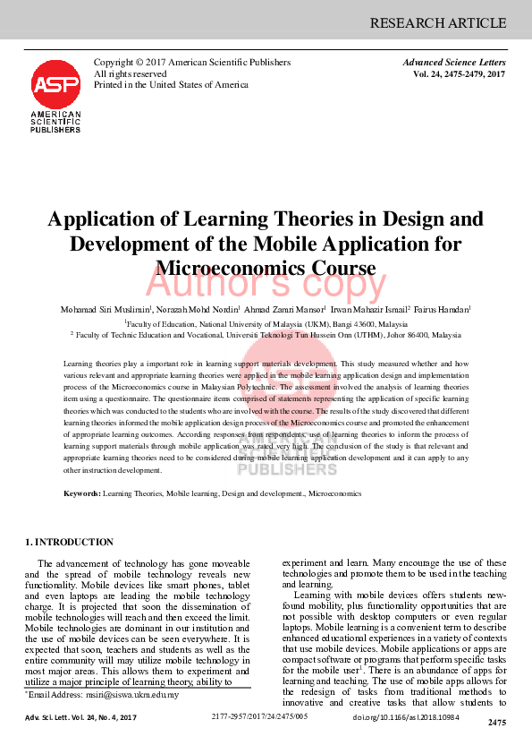 (PDF) Application of Learning Theories in Design and Development of the ...