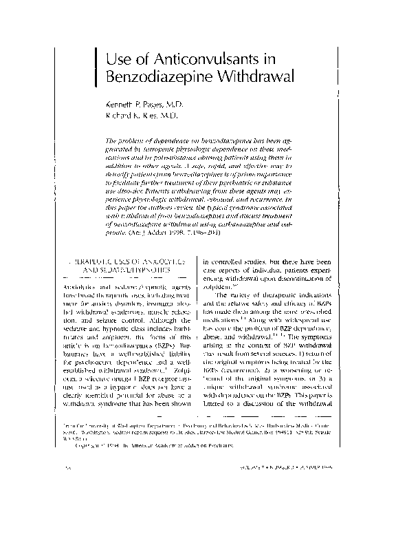(PDF) Use of Anticonvulsants in Benzodiazepine Withdrawal