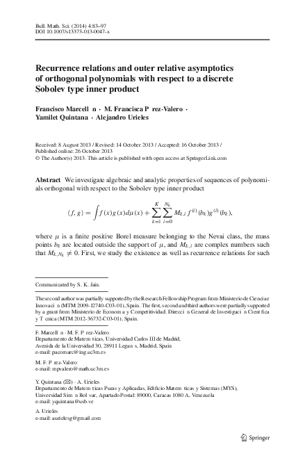 Pdf Recurrence Relations And Outer Relative Asymptotics Of Orthogonal