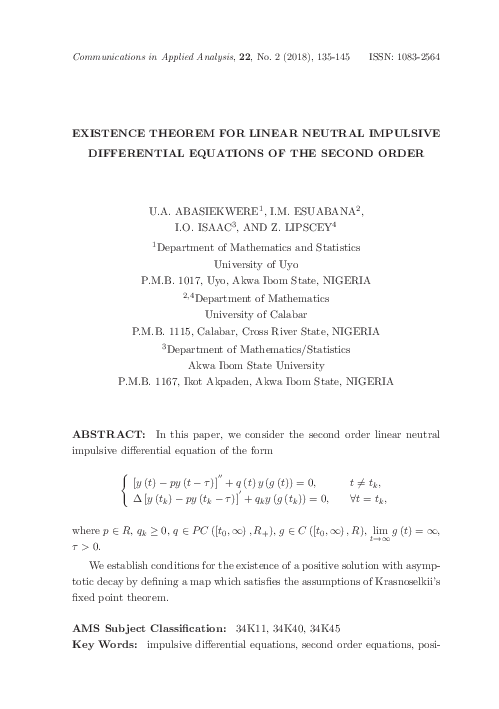 Pdf Existence Theorem For Linear Neutral Impulsive Differential Equations Of The Second Order