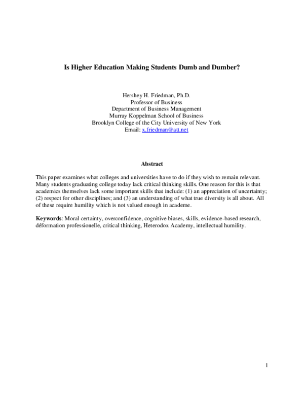 (PDF) Is Higher Education Making Students Dumb and Dumber