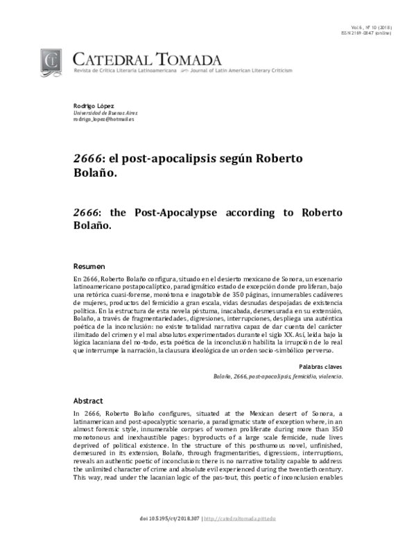 (PDF) 2666: el post-apocalipsis según Roberto Bolaño
