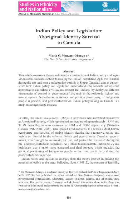 (PDF) Indian Policy and Legislation: Aboriginal Identity Survival in Canada
