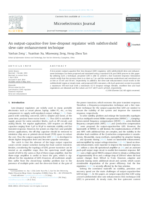 Pdf An Output Capacitor Free Low Dropout Regulator With Subthreshold Slew Rate Enhancement