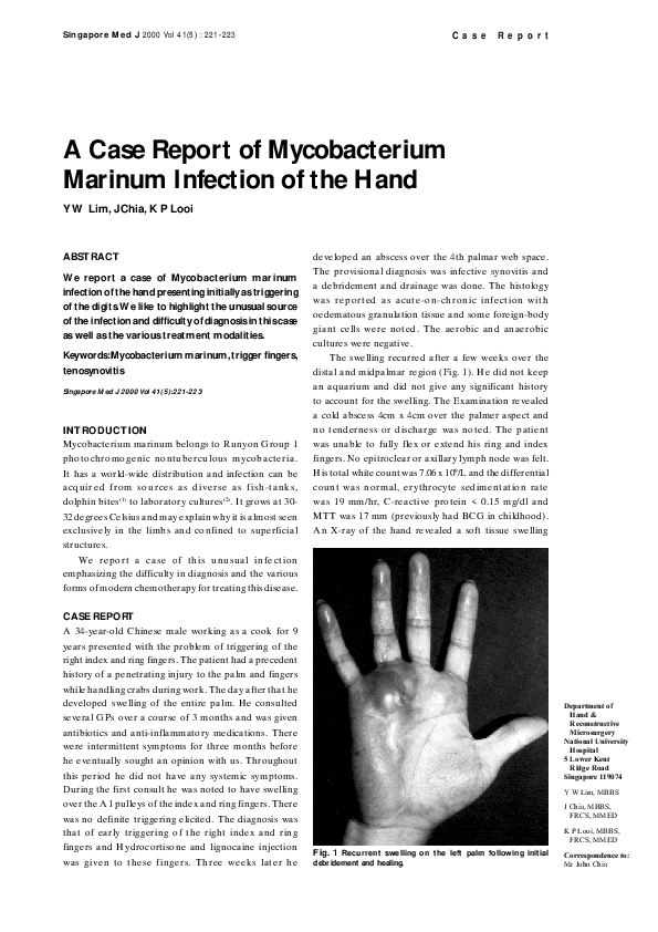 (PDF) A case report of mycobacterium marinum infection of the hand
