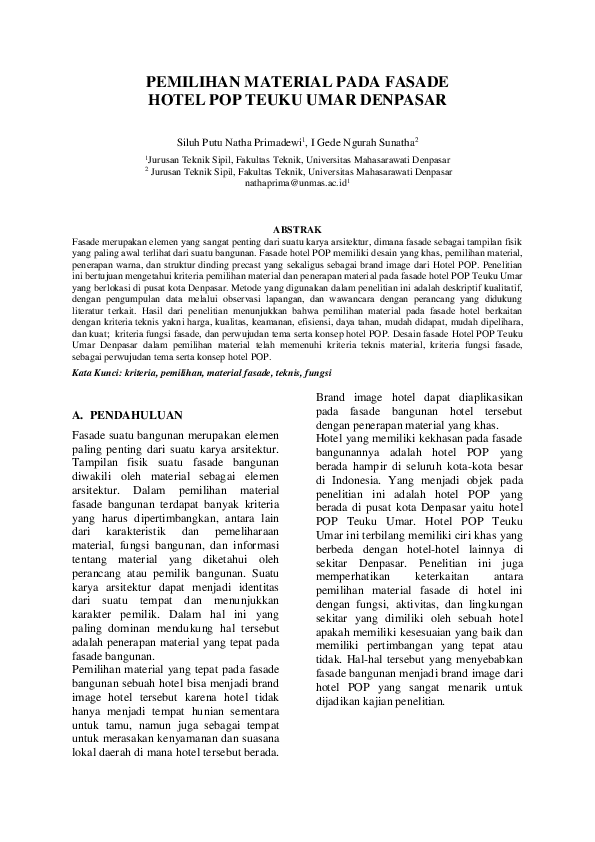 (PDF) PEMILIHAN MATERIAL PADA FASADE HOTEL POP TEUKU UMAR DENPASAR