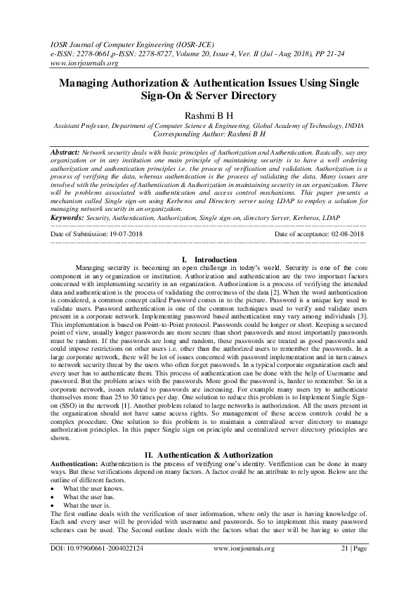 Pdf Managing Authorization And Authentication Issues Using Single Sign