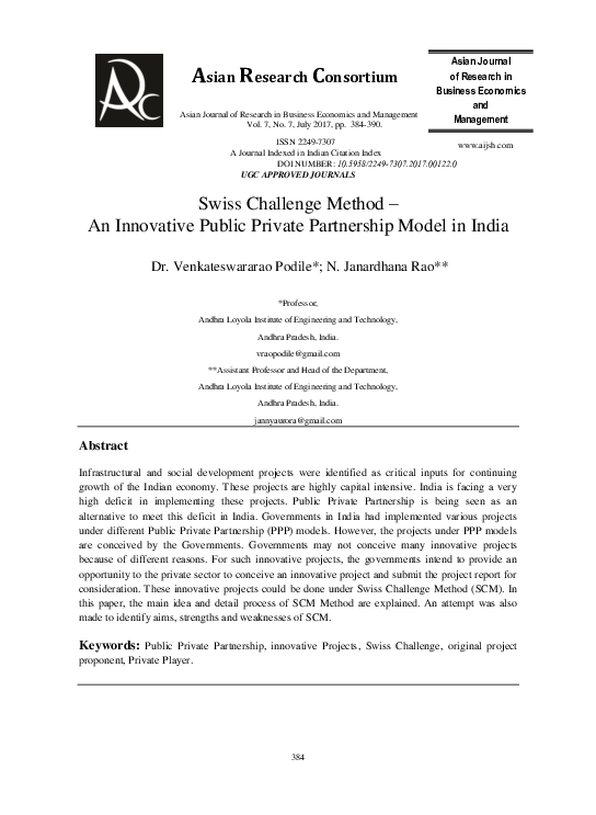 (PDF) Swiss Challenge Method – An Innovative Public Private Partnership ...