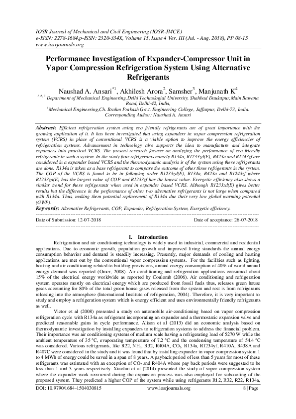 (PDF) Performance Investigation of Expander-Compressor Unit in Vapor Compression Refrigeration ...