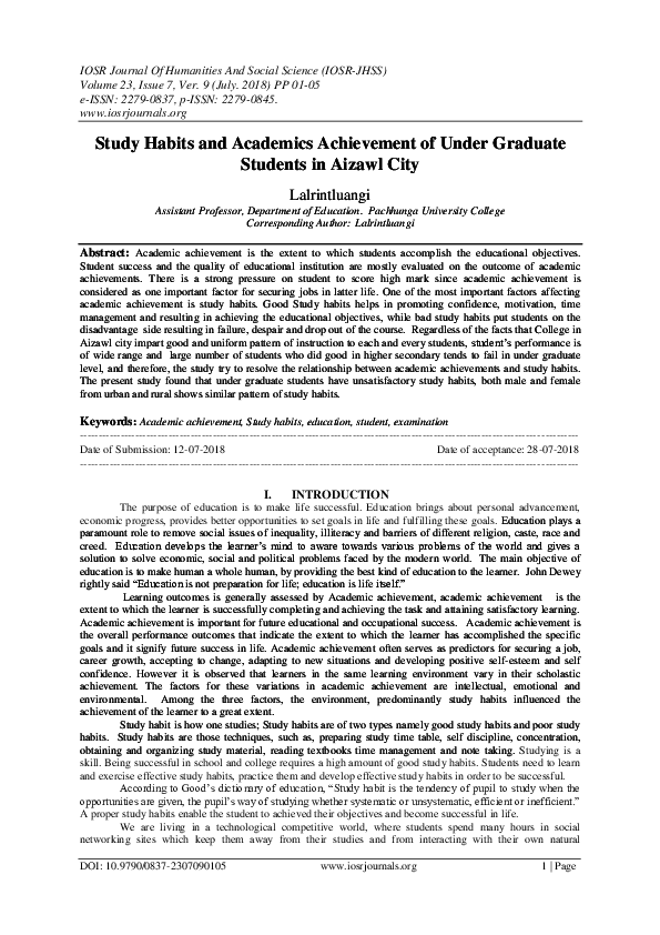 (PDF) Study Habits and Academics Achievement of Under Graduate Students ...