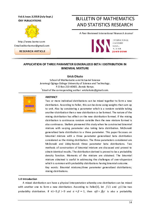 Pdf Application Of Three Parameter Generalized Beta I Distribution In Binomial Mixture