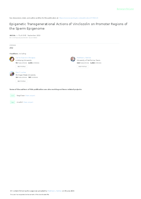 (PDF) Epigenetic Transgenerational Actions of Vinclozolin on Promoter ...