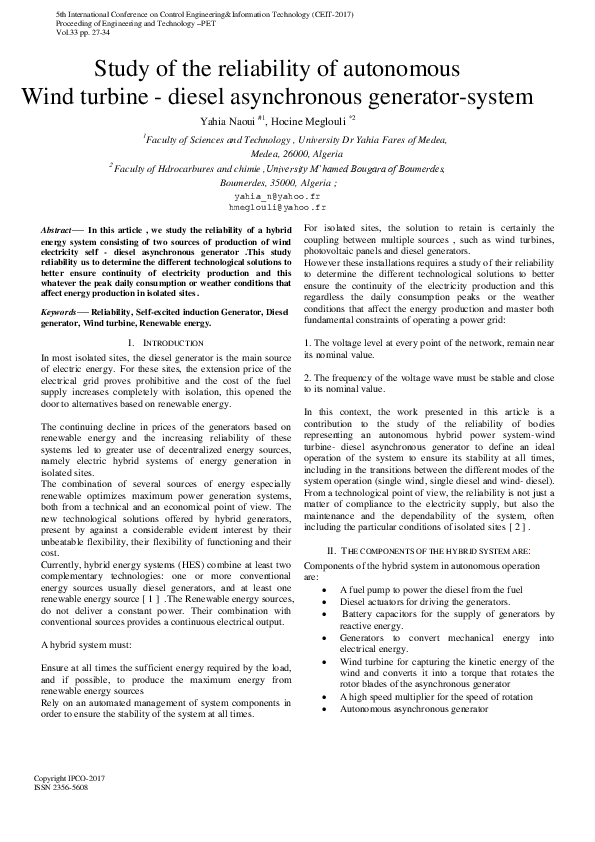 (PDF) Study of the reliability of autonomous Wind turbine -diesel asynchronous generator-system