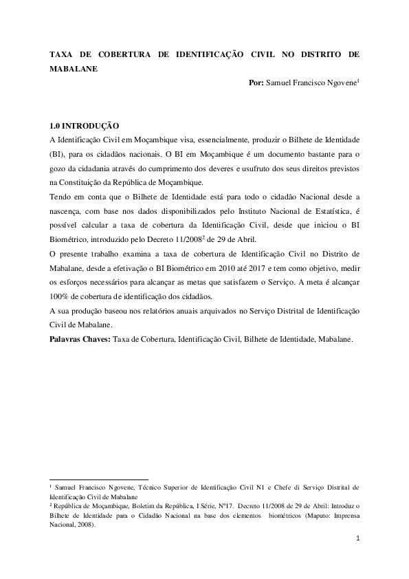 (PDF) TAXA DE COBERTURA DE IDENTIFICAÇÃO CIVIL NO DISTRITO DE MABALANE