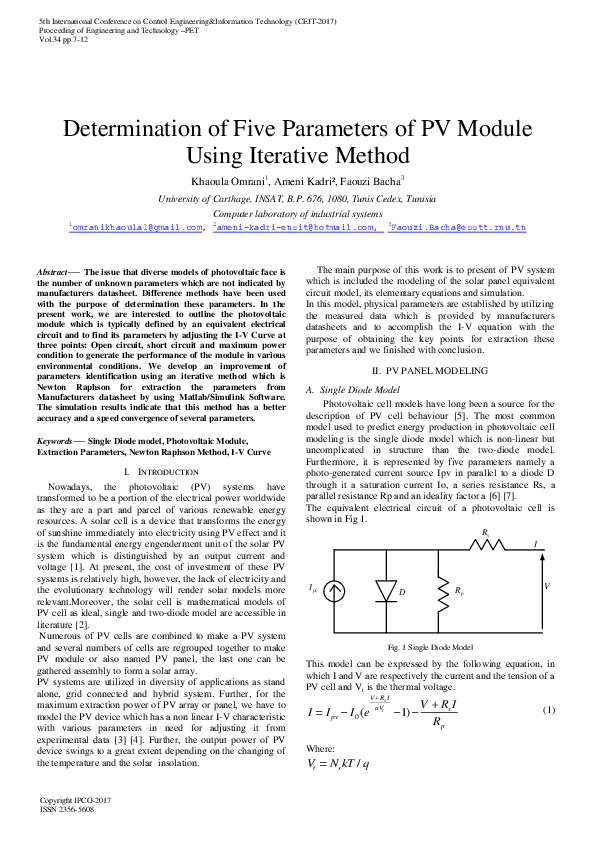 Pdf Determination Of Five Parameters Of Pv Module Using Iterative Method