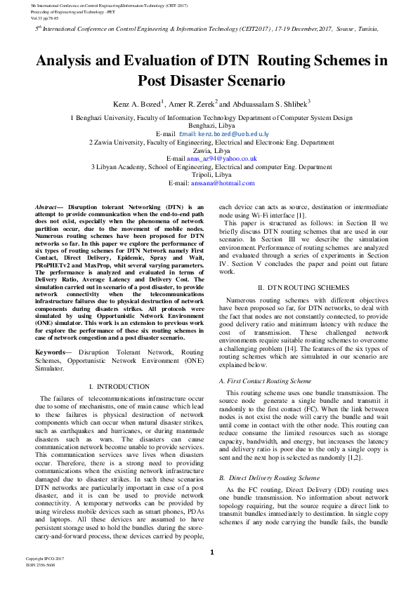 Pdf Analysis And Evaluation Of Dtn Routing Schemes In Post Disaster Scenario Ipco Academy