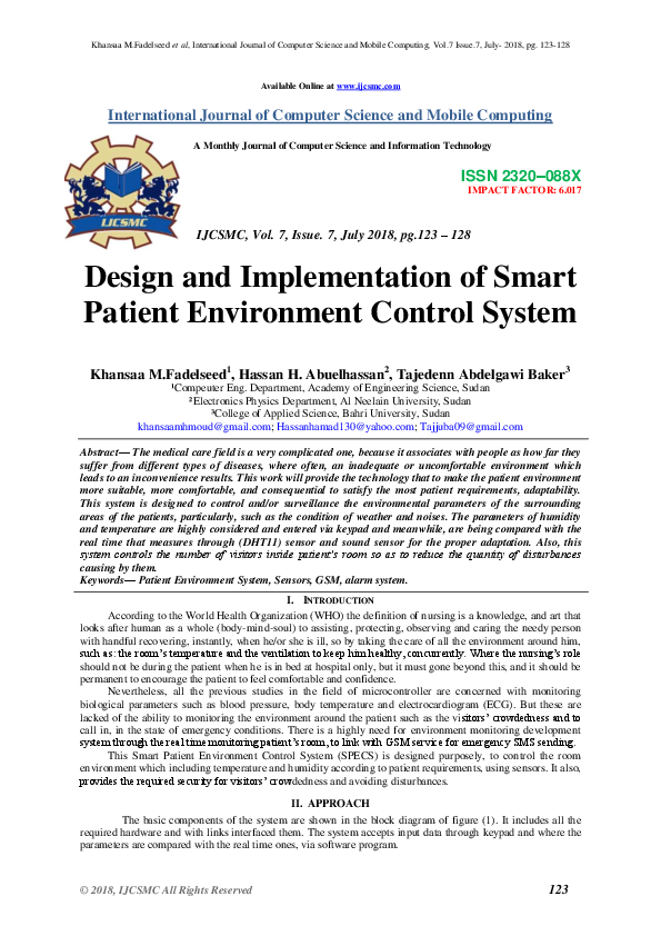 (PDF) Design and Implementation of Smart Patient Environment Control System