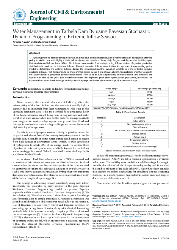 (PDF) Water Management in Tarbela Dam By using Bayesian Stochastic Dynamic Programming in ...