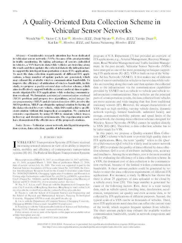 Pdf A Quality Oriented Data Collection Scheme In Vehicular Sensor Networks 