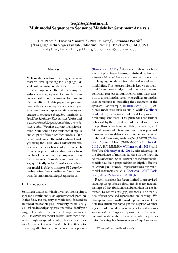 Pdf Seq2seq2sentiment Multimodal Sequence To Sequence Models For