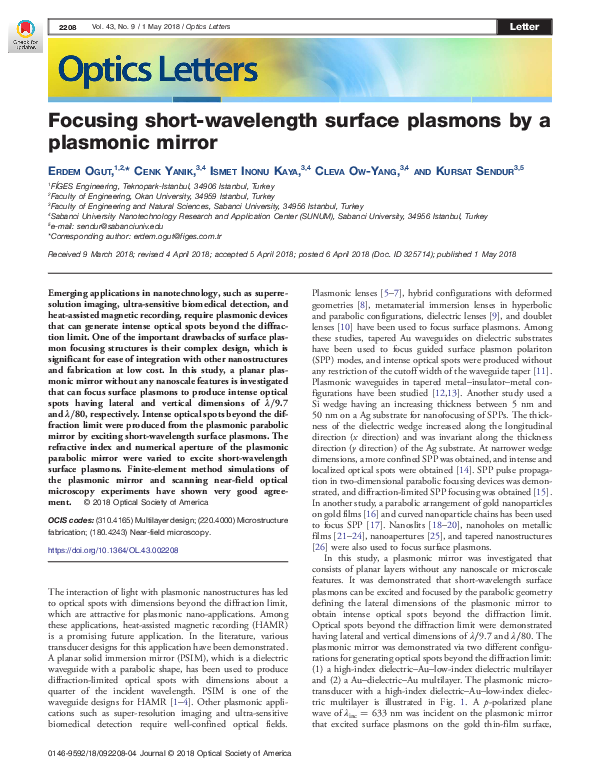 (PDF) Focusing short-wavelength surface plasmons by a plasmonic mirror