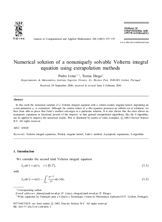 (PDF) Numerical solution of a nonuniquely solvable Volterra integral equation using ...