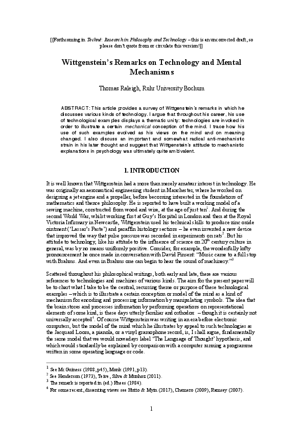 Wittgenstein's Remarks on Technology and Mental Mechanisms