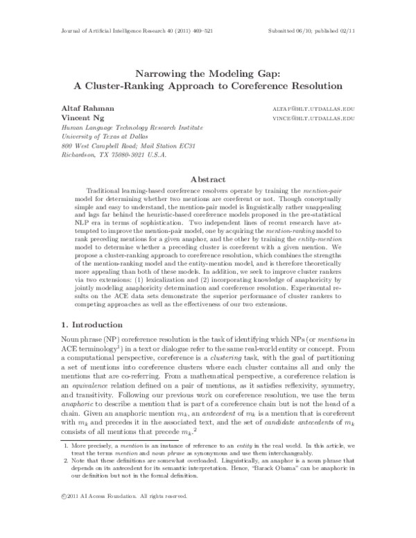 (PDF) Narrowing the Modeling Gap: A Cluster-Ranking Approach to Coreference Resolution