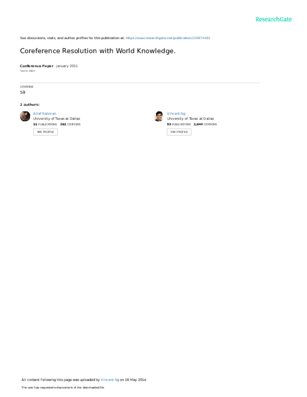 (PDF) Coreference resolution with world knowledge