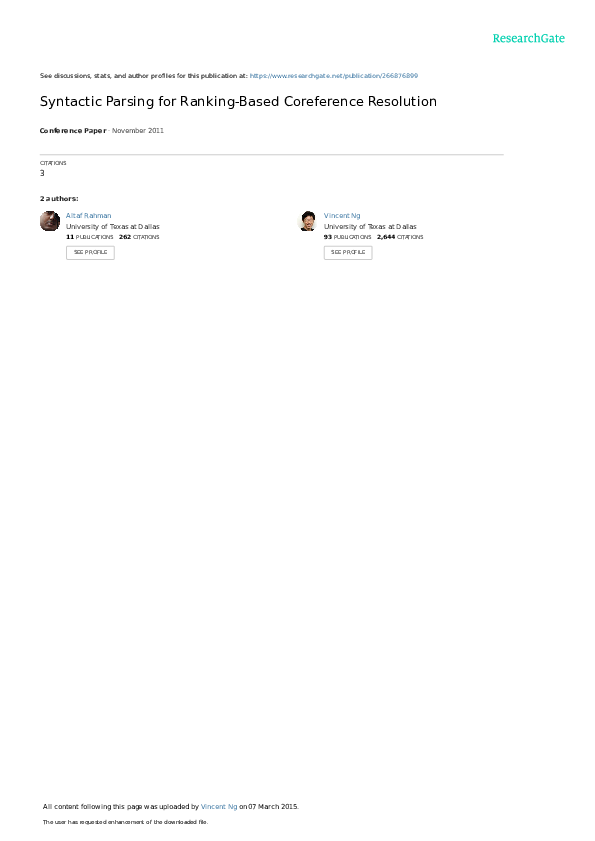 (PDF) Syntactic Features in Coreference Resolution
