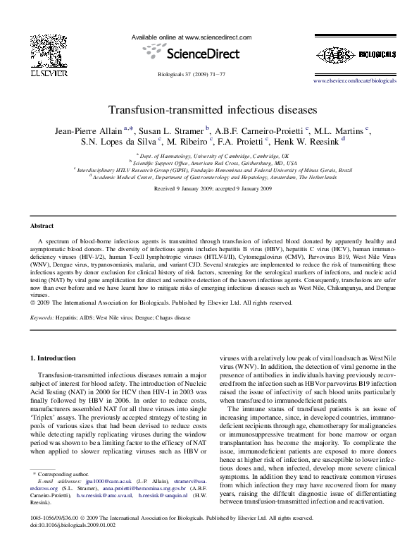 (PDF) Transfusion-transmitted infectious diseases
