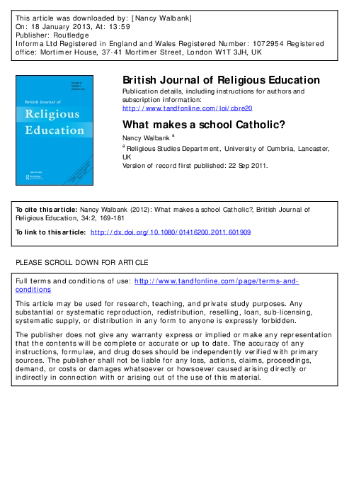 (PDF) British Journal of Religious Education What makes a school Catholic