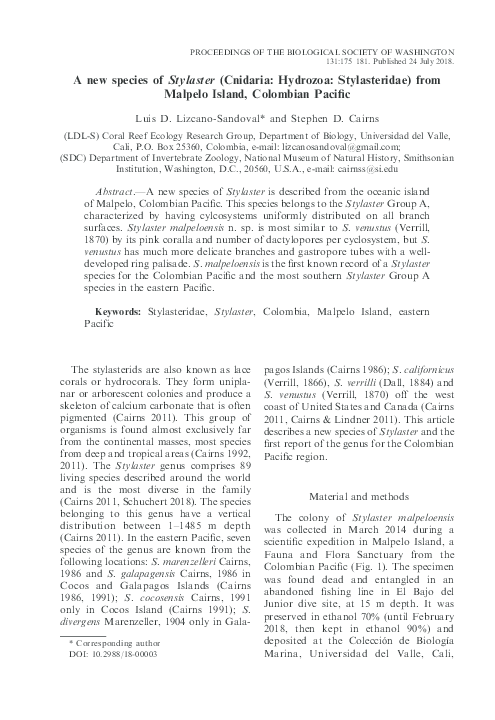 (PDF) A new species of Stylaster (Cnidaria: Hydrozoa: Stylasteridae ...