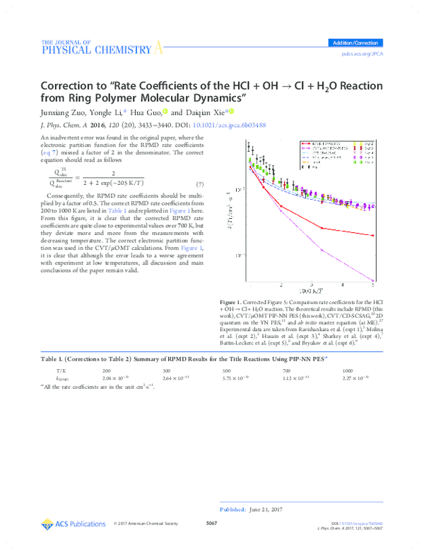 (PDF) Correction to "Rate Coefficients of the HCl + OH → Cl + H2O ...