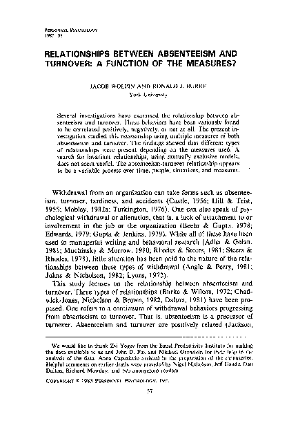 (PDF) Relationships Between Absenteeism and Turnover: A Function of the ...