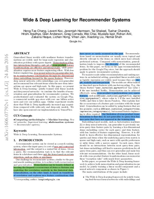(PDF) Wide & Deep Learning for Recommender Systems