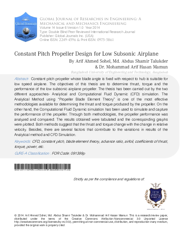 (PDF) Constant Pitch Propeller Design for Low Subsonic Airplane ...