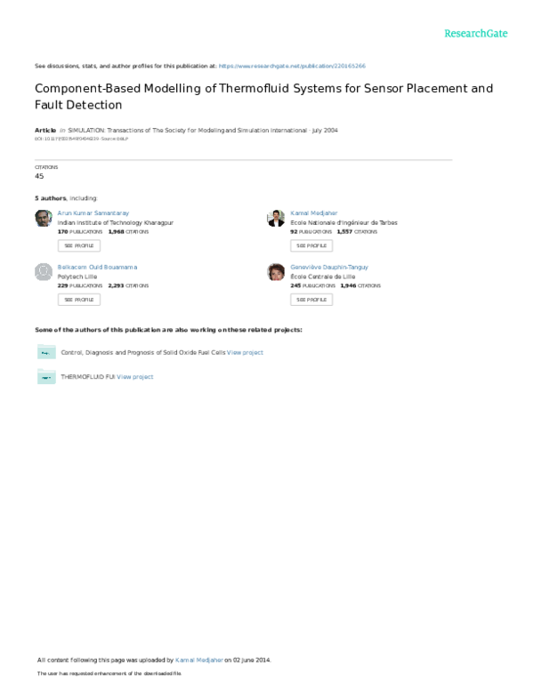 Pdf Component Based Modelling Of Thermofluid Systems For Sensor Placement And Fault Detection