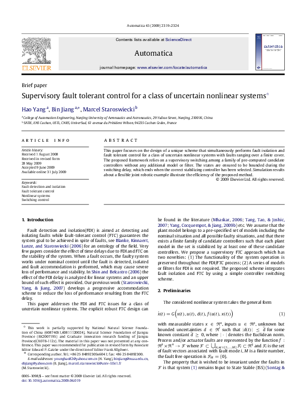 Pdf Supervisory Fault Tolerant Control For A Class Of Uncertain 