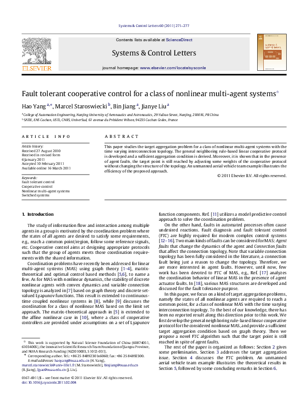 Pdf Fault Tolerant Cooperative Control For A Class Of Nonlinear Multi