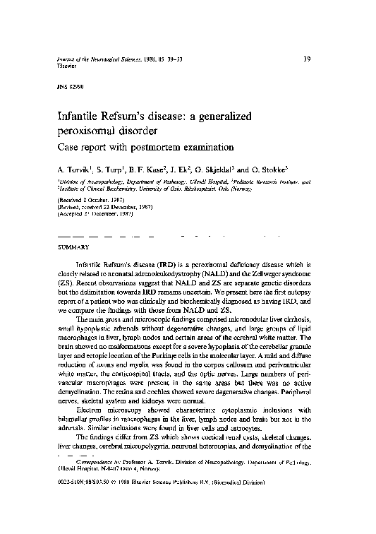 (PDF) Infantile Refsum's disease: A generalized peroxisomal disorder