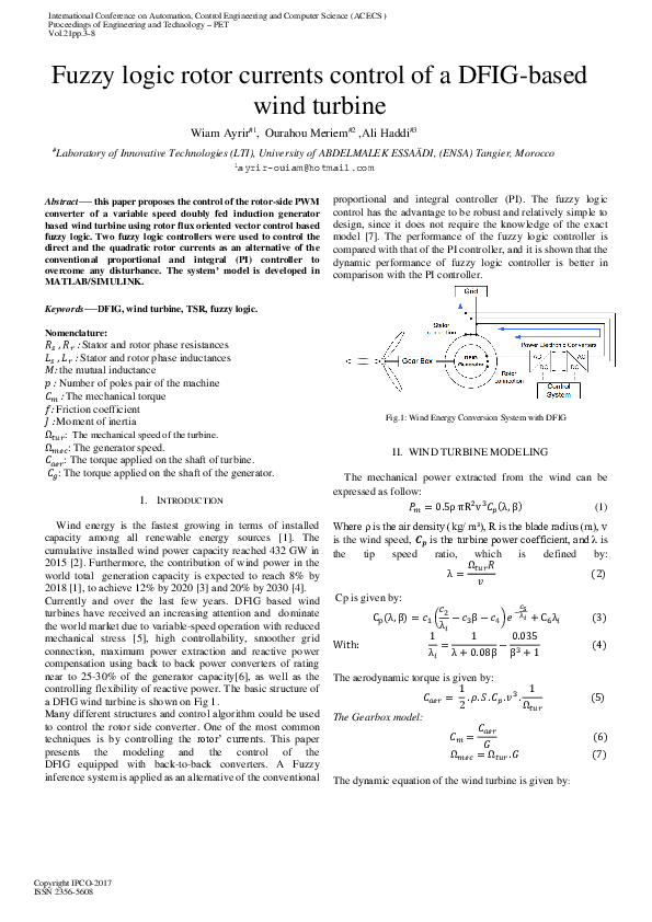 (PDF) Fuzzy logic rotor currents control of a DFIG-based wind turbine
