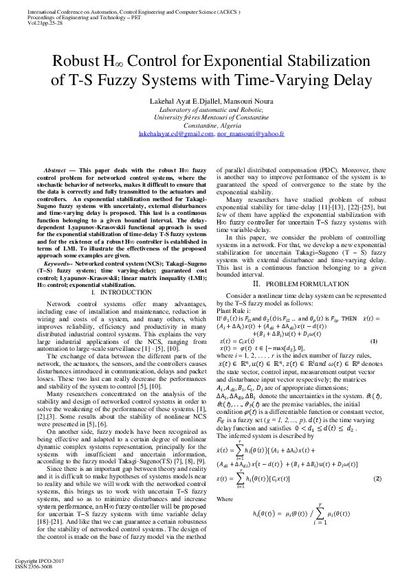 (PDF) Robust H ∞ Control for Exponential Stabilization of T-S Fuzzy Systems with Time-Varying Delay